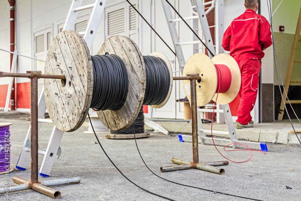 Cable spool, Coil at construction site Stock Photo | Adobe Stock