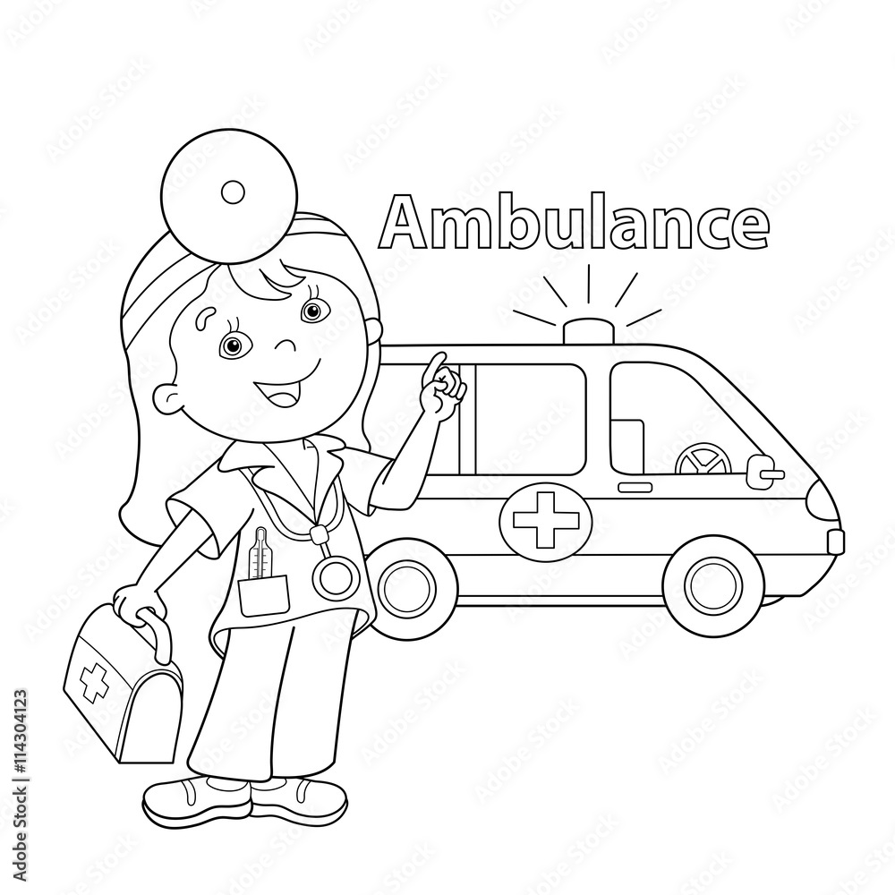 Coloring Page Outline Of cartoon doctor with ambulance car vector de ...