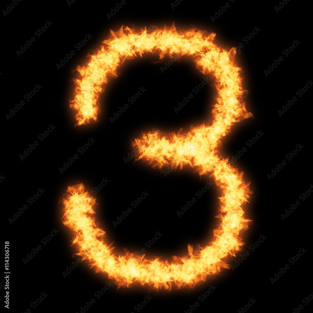 Digit number 3 with fire on black background- Helvetica font based ...