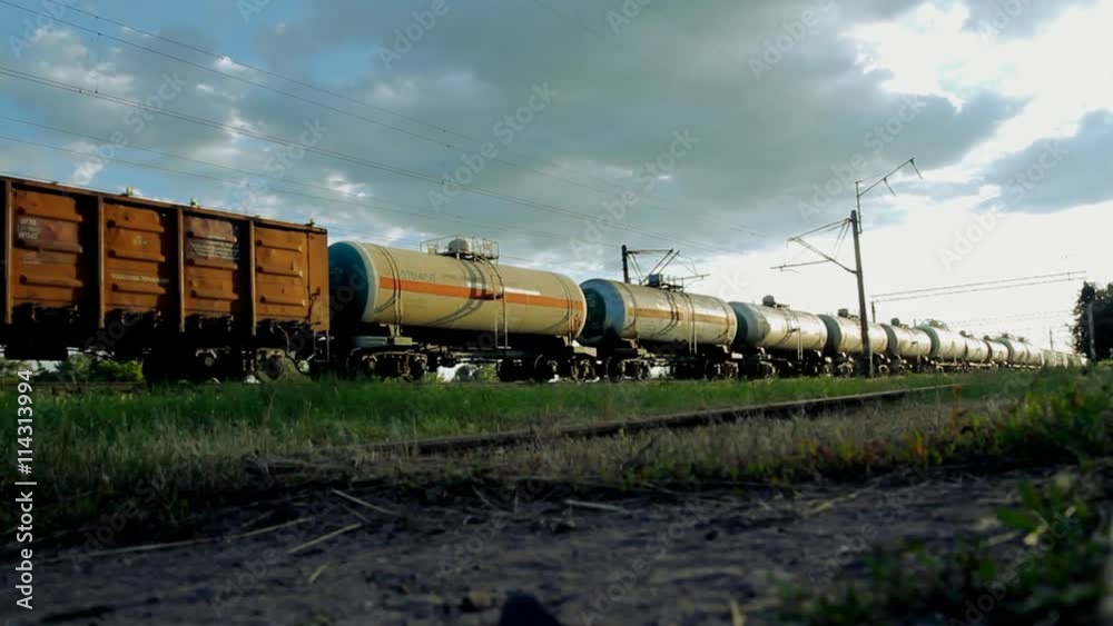 Cargo Train Pulls Cargo train with wagons, a Train pulls the railroad ...