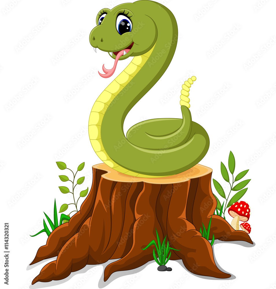 Cartoon funny snake on tree stump Stock Vector | Adobe Stock
