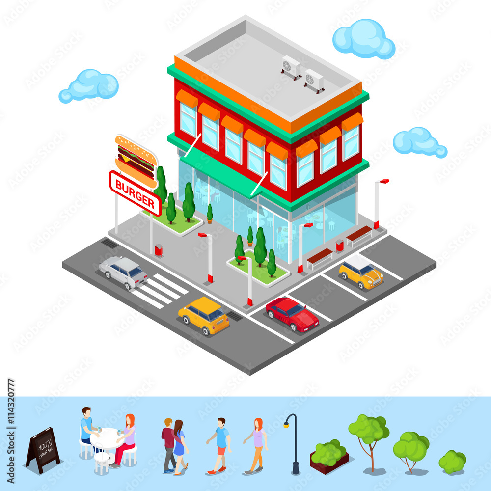 Isometric City Restaurant. Fast Food Cafe with Parking Zone. Vector ...