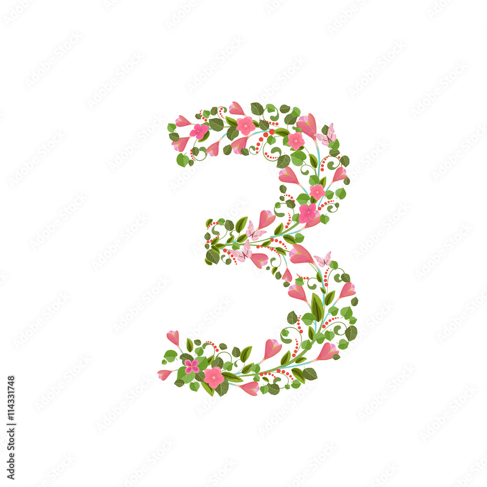 Floral font with spring pink flowers. Romantic number three Stock ...