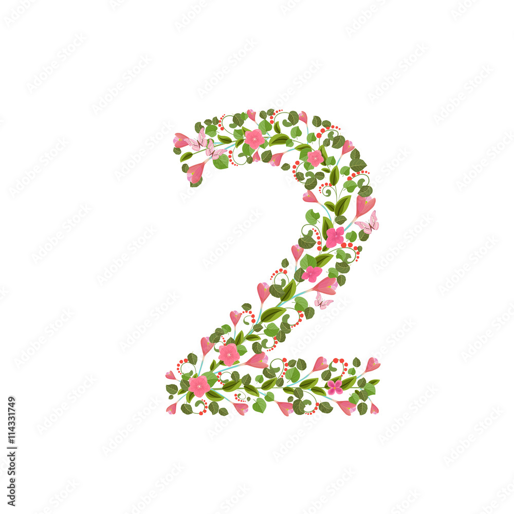 Floral font with spring pink flowers. Romantic number two Stock Vector ...
