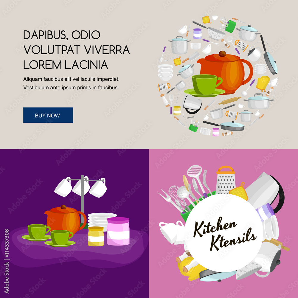 Food and cooking banner set with kitchenware utensils, Kitchen set of ...