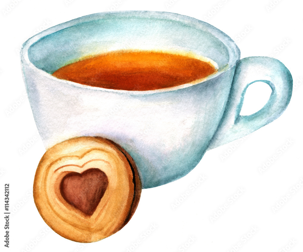 Watercolor drawing of cup of tea with cookie on white Stock ...