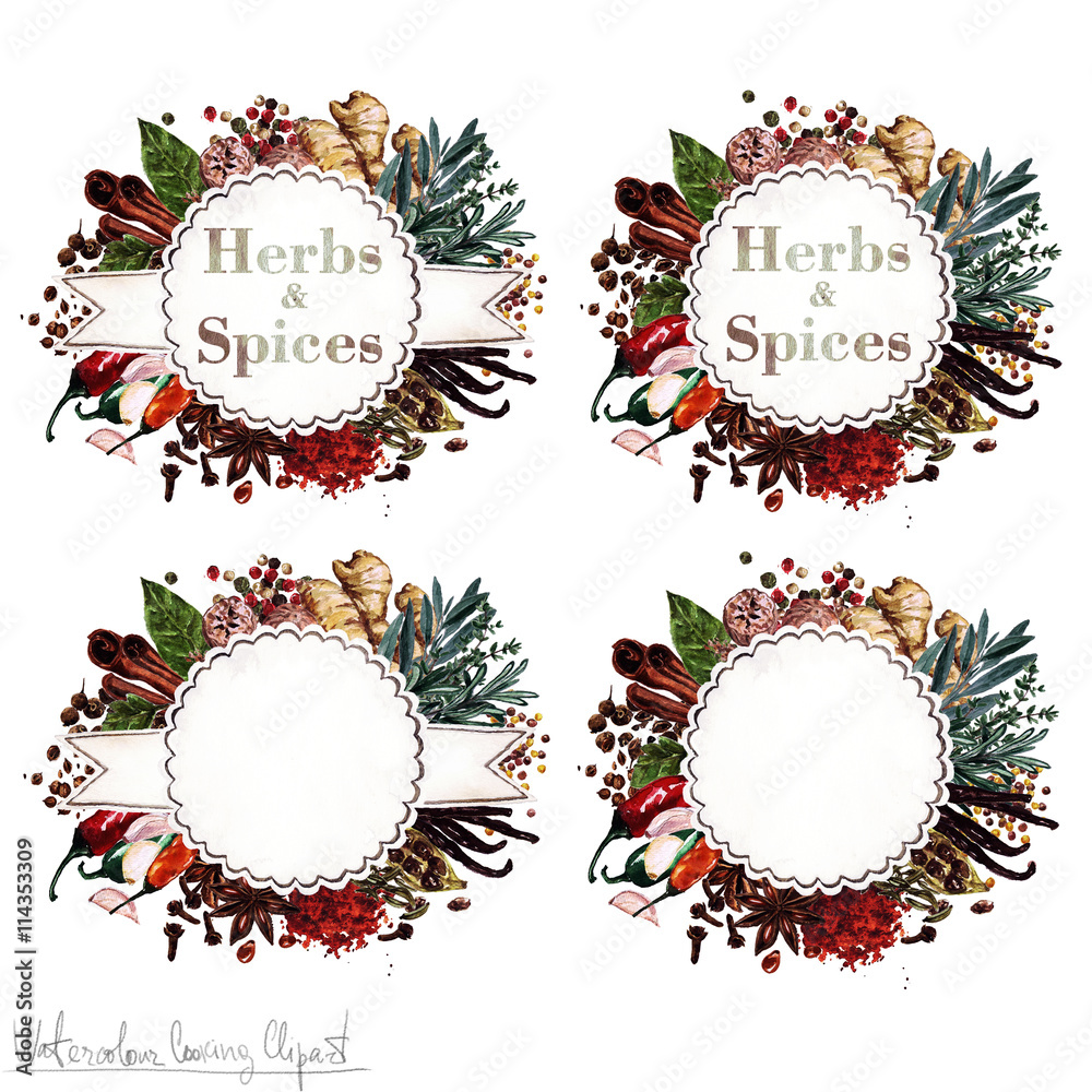Watercolor Cooking Clipart - Set of 'Herbs and Spices' labels. Isolated ...