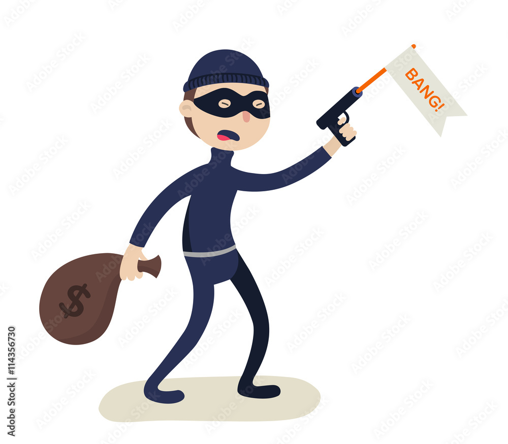 The robber with a gun and money bag. Crime concept. Flat illustration ...