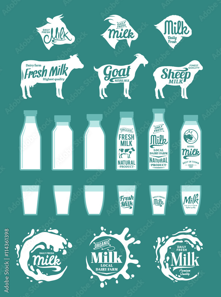 Milk logo, icons, splashes and design elements Stock Vector | Adobe Stock