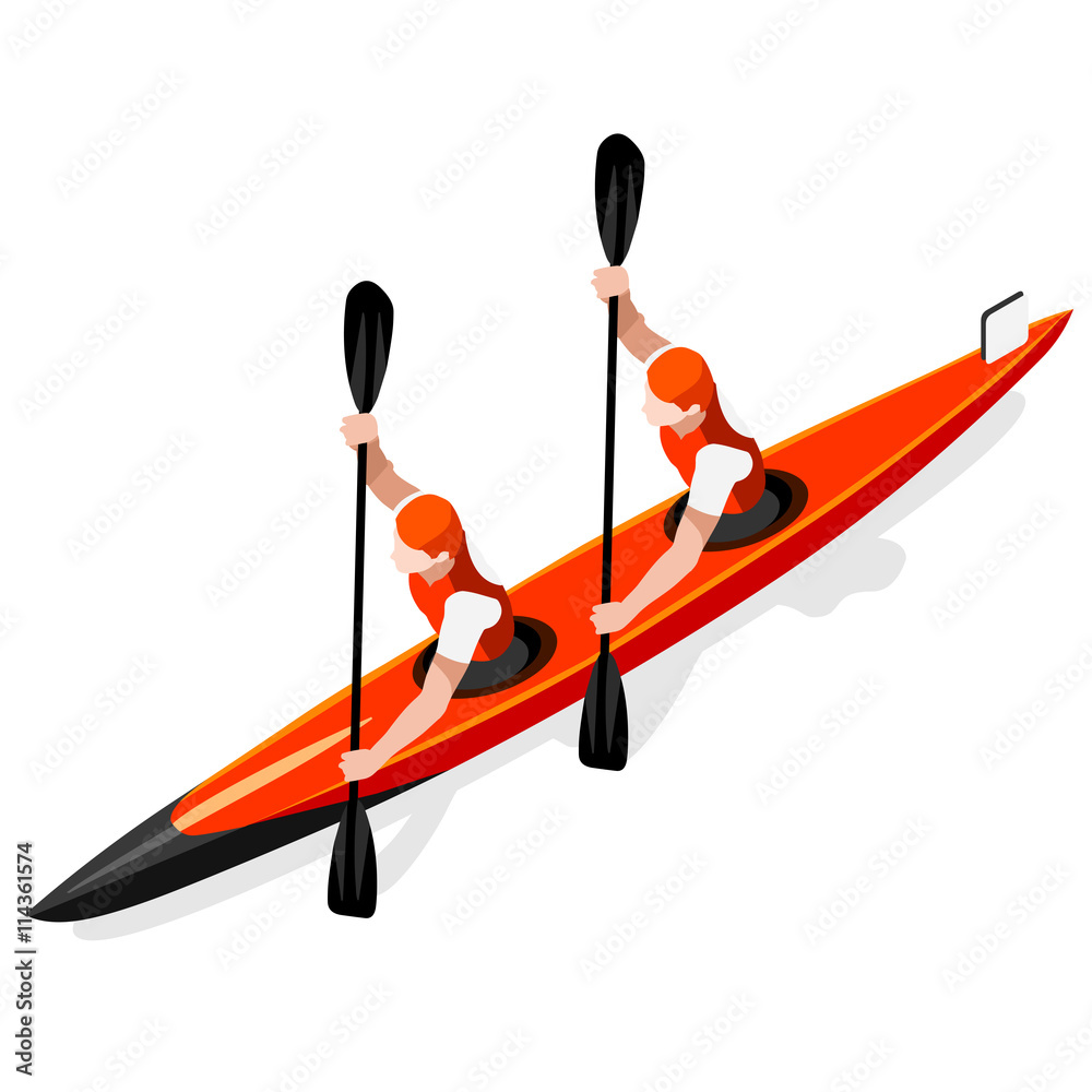 Kayak Sprint Doubles Summer Games Icon Set.3D Isometric Canoeist ...