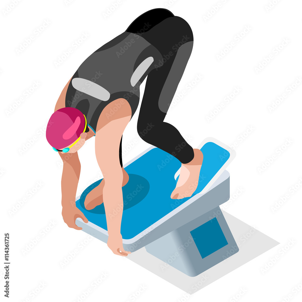 Swimming Freestyle Summer Games Icon Set.3D Isometric Swimmer ...