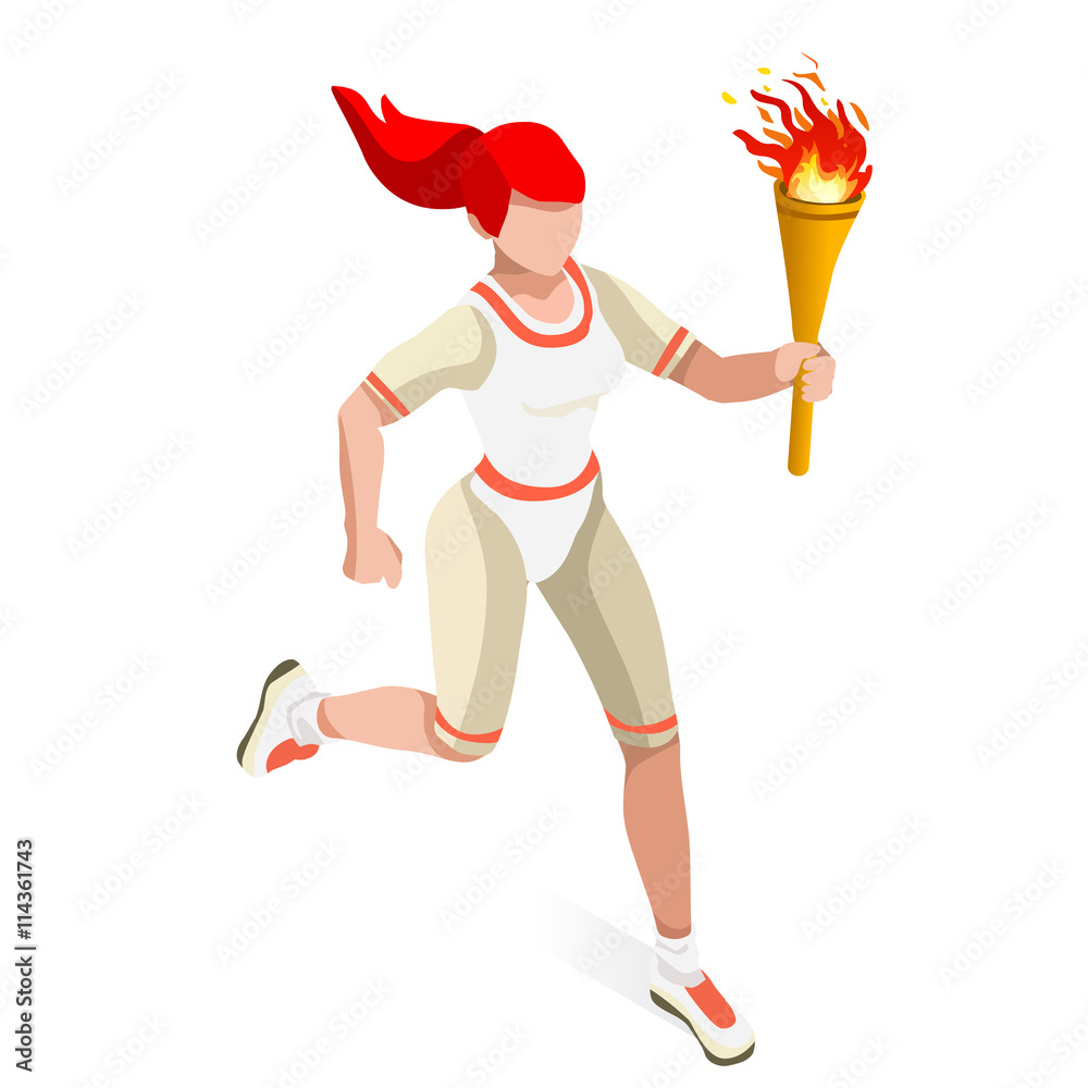 Torchbearer Relay Running Woman Summer Games Icon Set.Speed Concept.3D ...