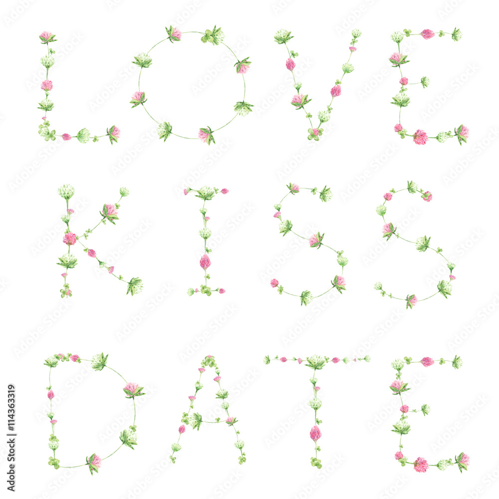 Hand drawn lettering made with watercolor flowers, leaves and branch of ...