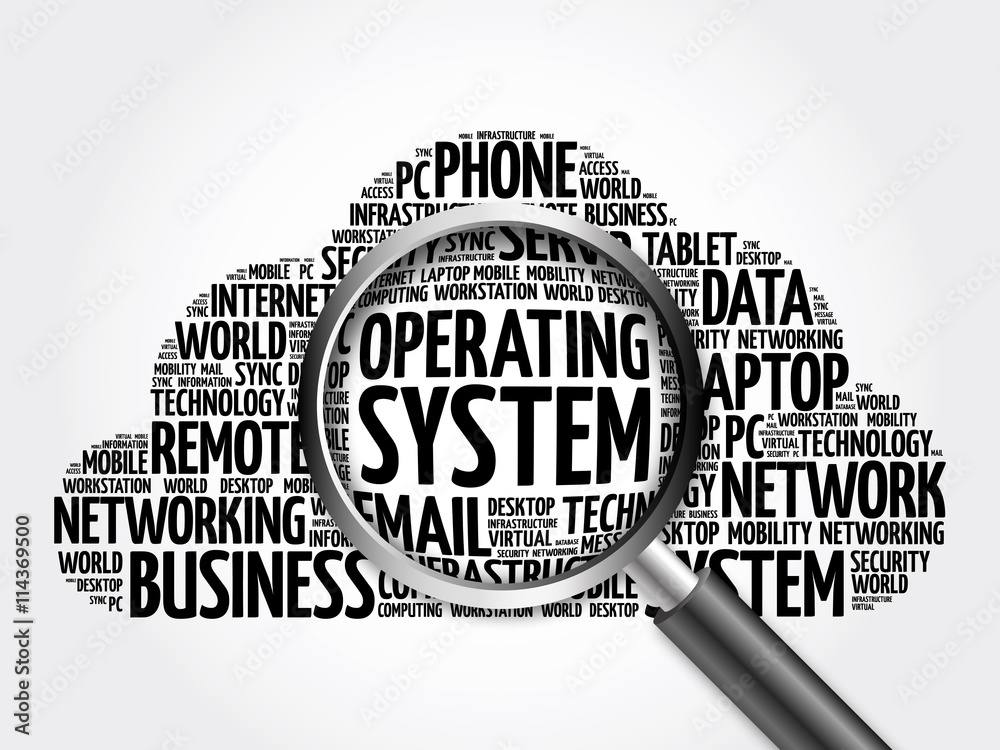 Operating System word cloud with magnifying glass, business concept 3D ...