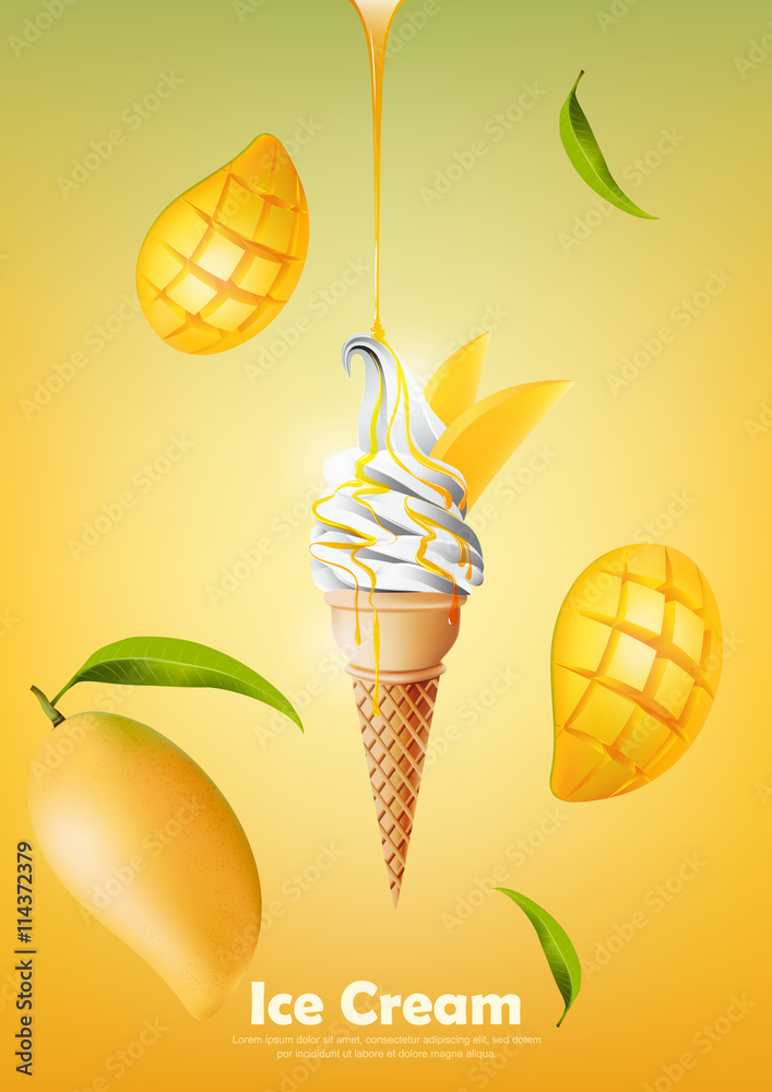 Ice cream in the cone, Pour mango syrup and a lot of mango background ...