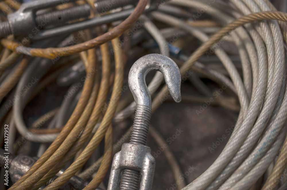 Iron hook on the iron cable - construction background Stock Photo ...