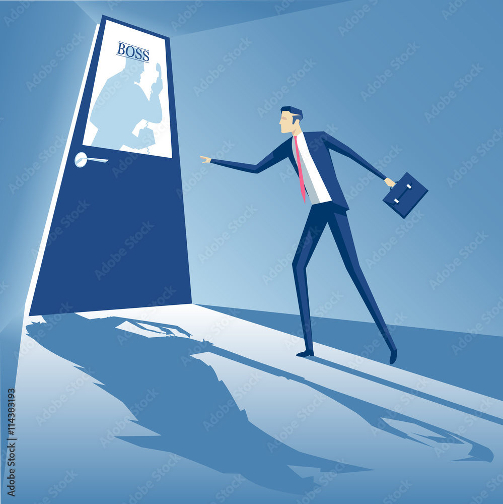 Boss shouting into the phone and an employee is standing at the door ...