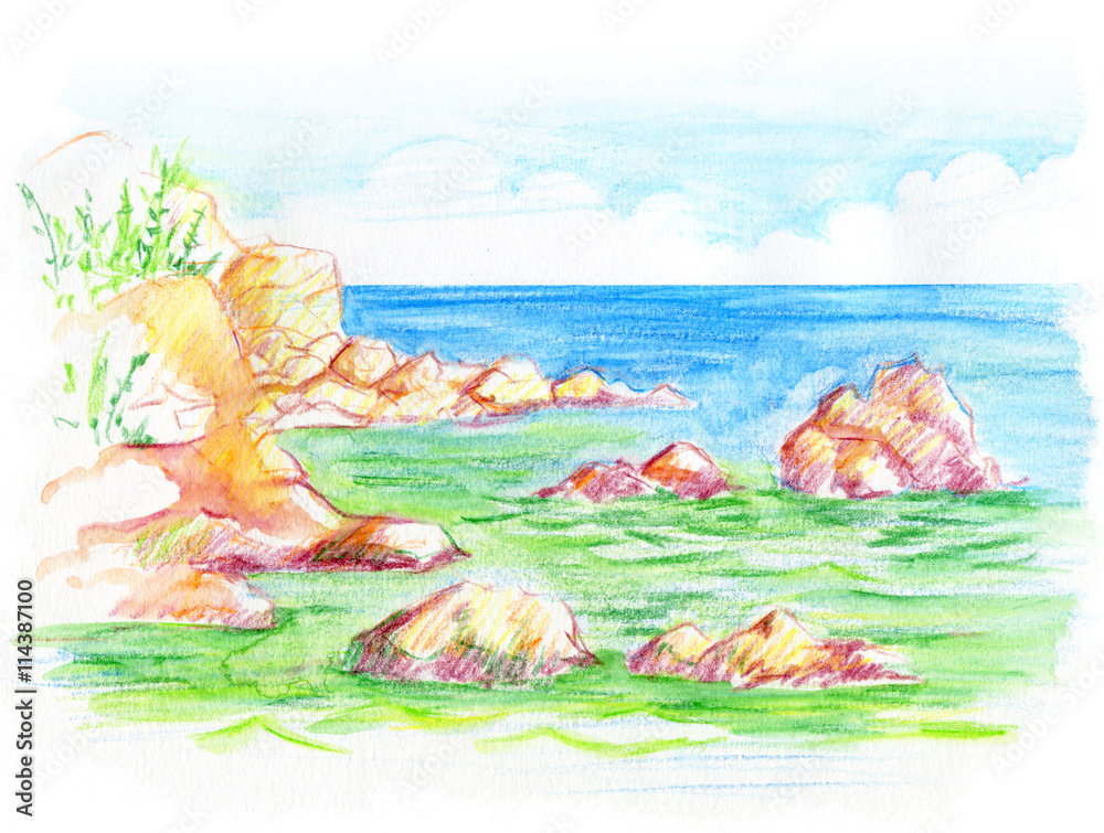Coastal, beach, sea, stones. Travel sketches. Drawing by watercolor ...