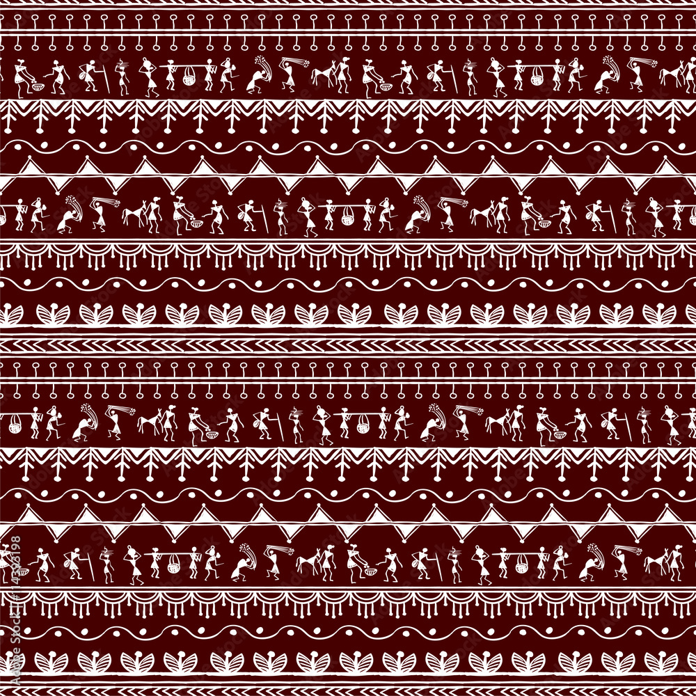 Warli painting seamless pattern - hand drawn traditional the ancient ...