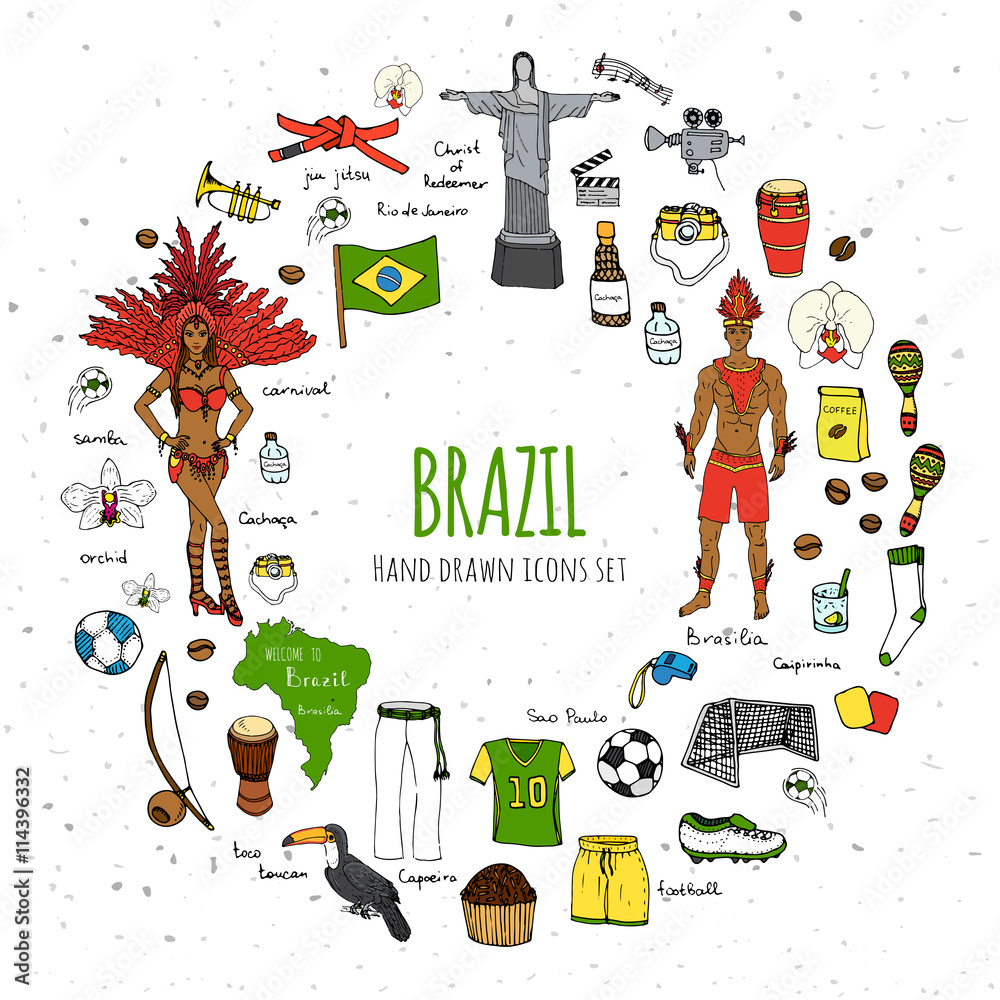 Hand drawn doodle Welcome to Brazil set Vector illustration Sketchy ...