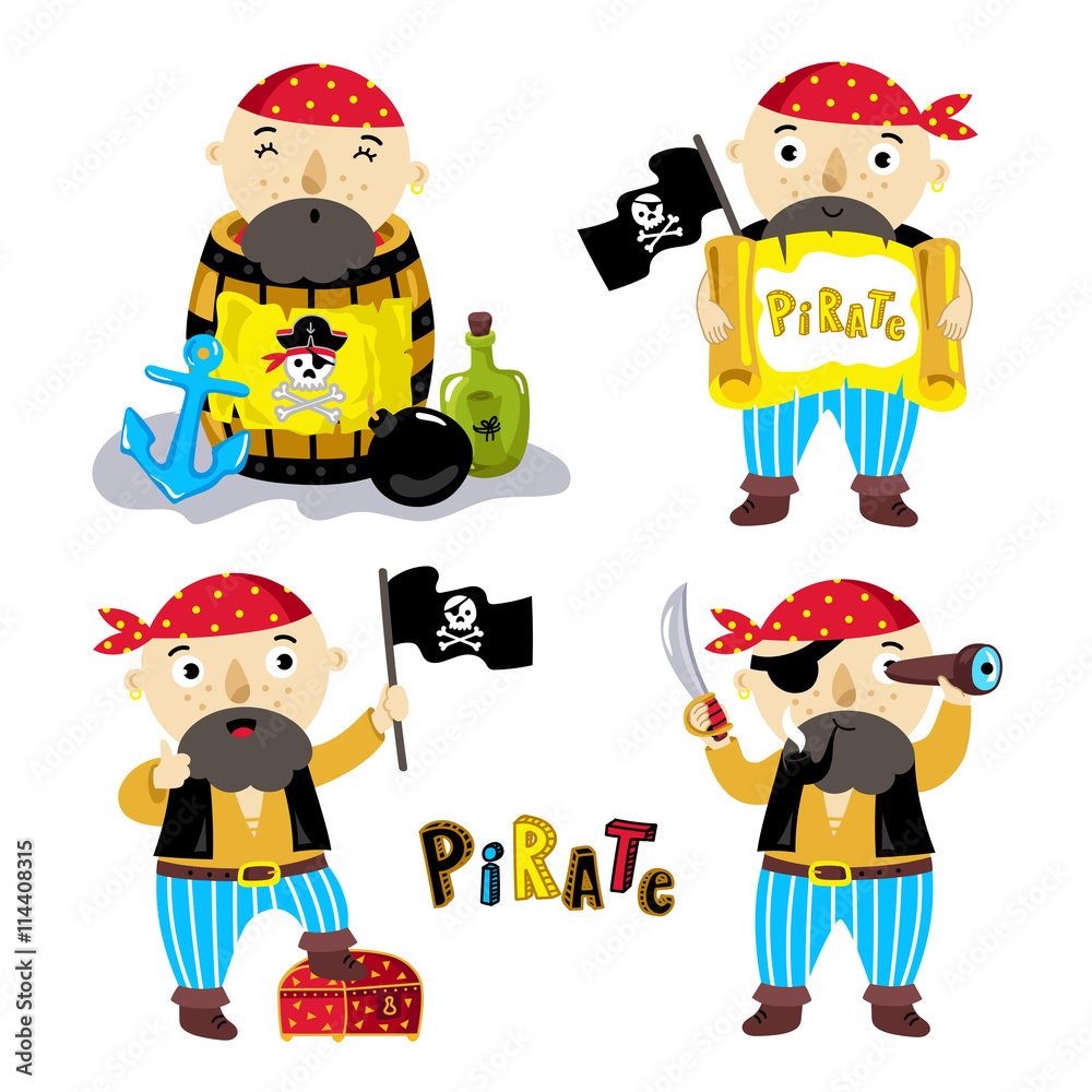 Vector pirate cute characters with marine elements on a white ...