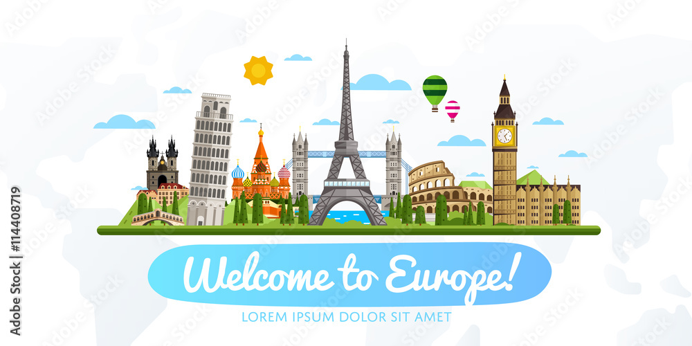 Welcome to Europe, travel on the world concept, traveling flat vector ...