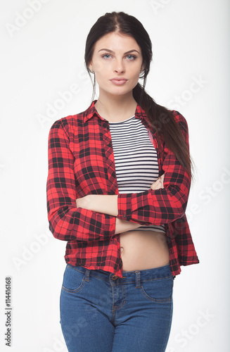 Sexy Beautiful Brunette Woman With Perfect Body Posing In Jeans Slim
