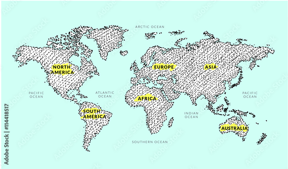 Vector of World Map Ink and Pen Style on Blue Background Stock Vector ...