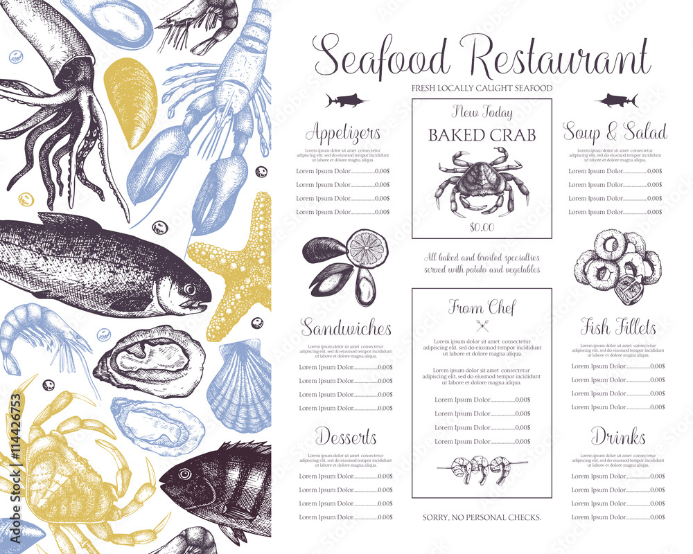 Decorative Seafood background. Vector restaurant or cafe menu design ...