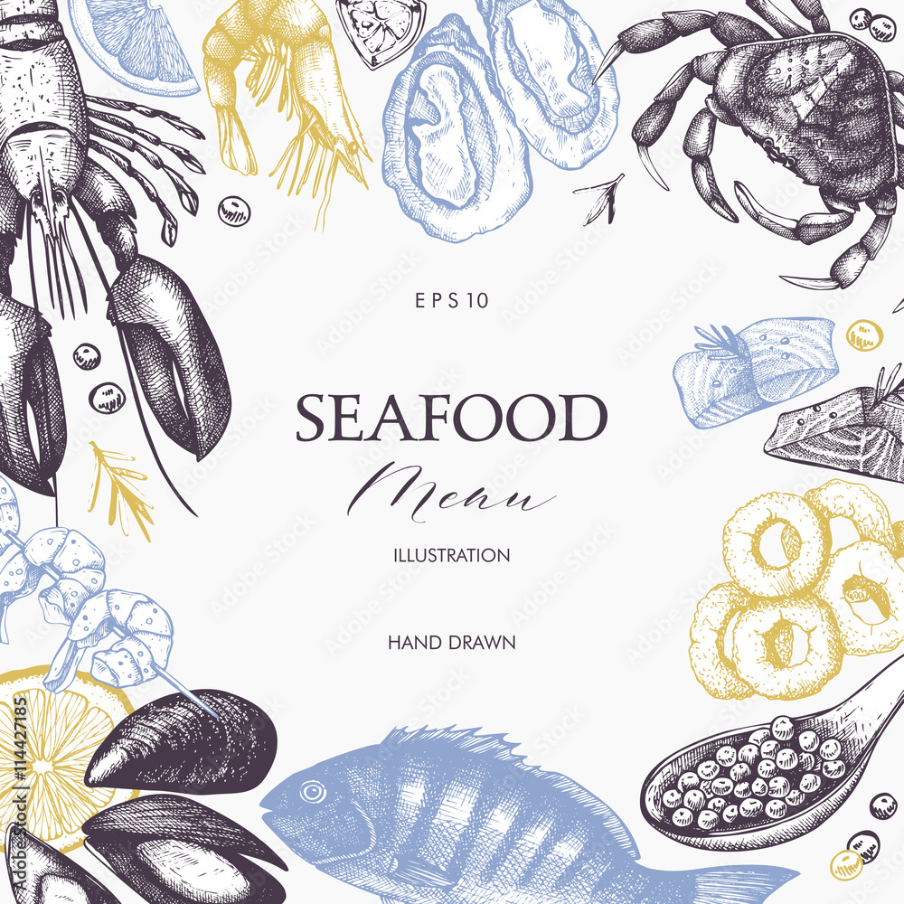 Vector frame with hand drawn seafood illustration - fresh fish, lobster ...