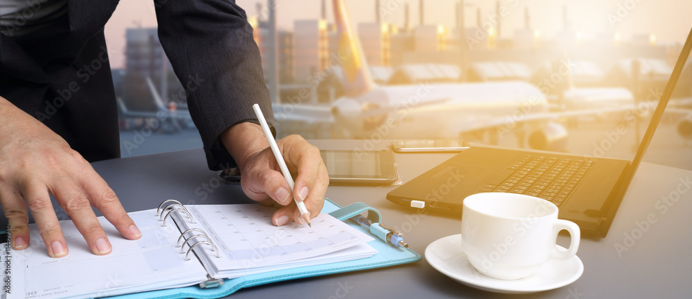 bussiness man working in office with Industrial Container Cargo freight ...