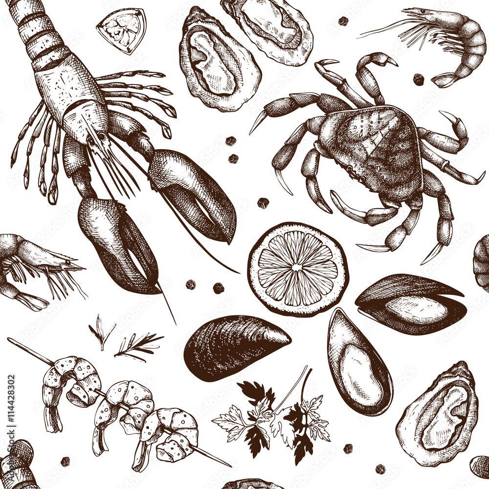 Vector Seamless Seafood background. Hand drawn sea food illustration ...