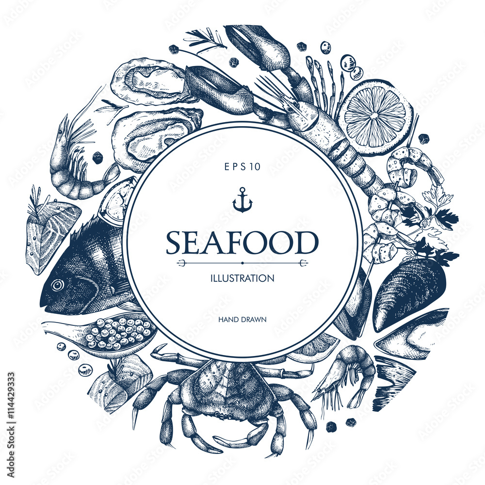 Vector Seafood card or flyer design. Decorative frame with Hand drawn ...
