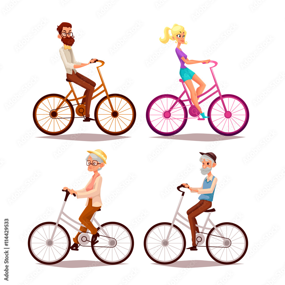 set of people ride a bicycle, vector cartoon comic illustration ...