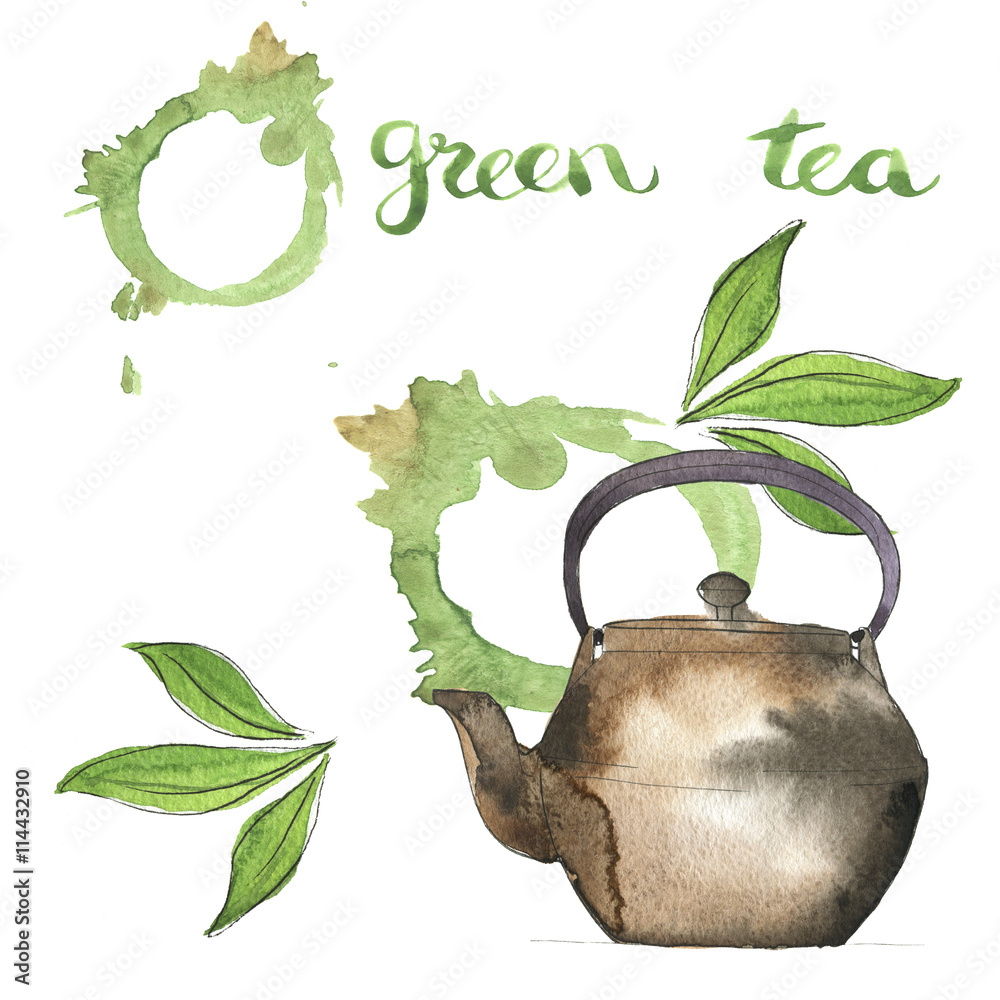 Japan teapot and green tea leaves on white background with abstract ...