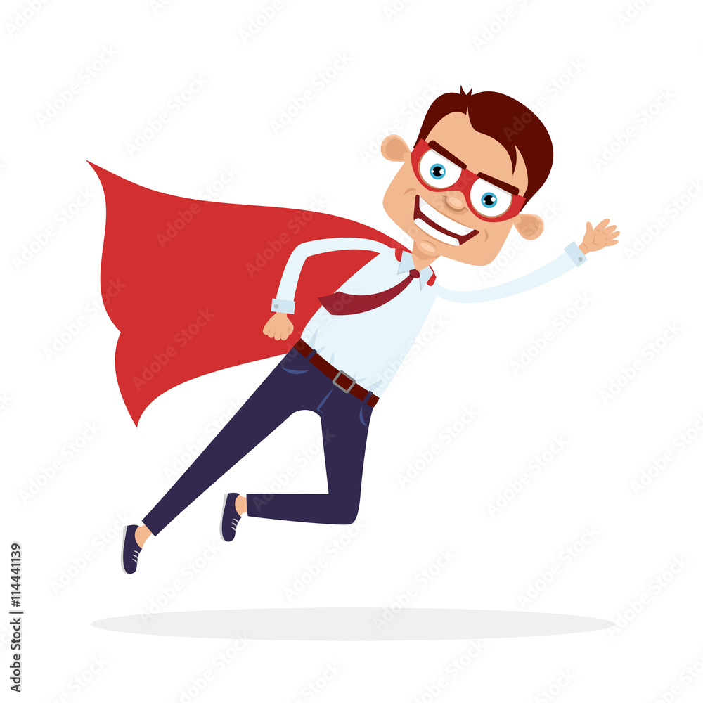 Happy businessman superhero flying to sucsess with a smile. Vector ...