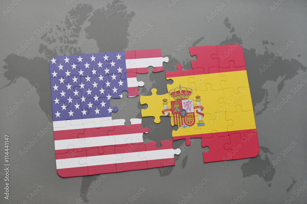 puzzle with the national flag of united states of america and spain on ...
