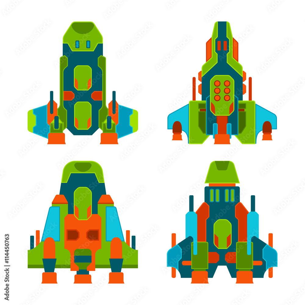 Vector fantastic space ships set in flat style Stock Vector | Adobe Stock