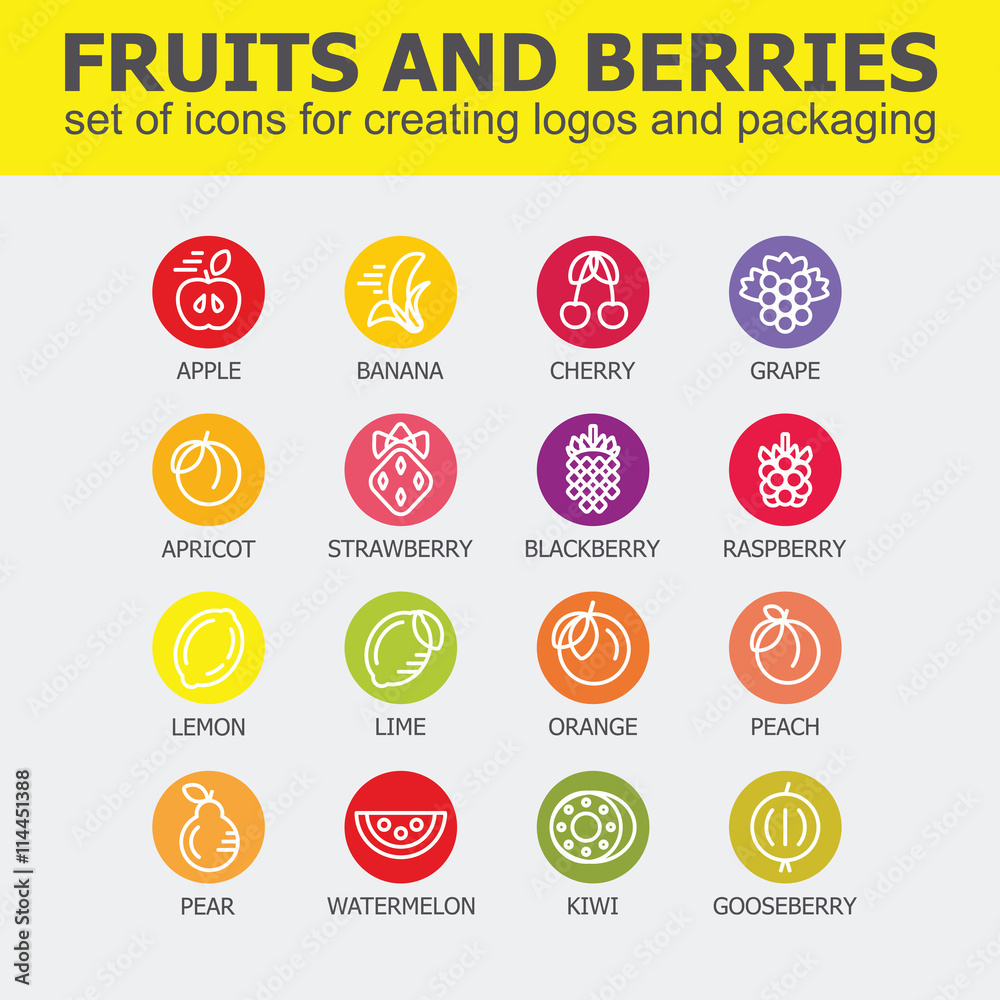 Fruit and berries icon collection - vector illustration. Fruit and ...