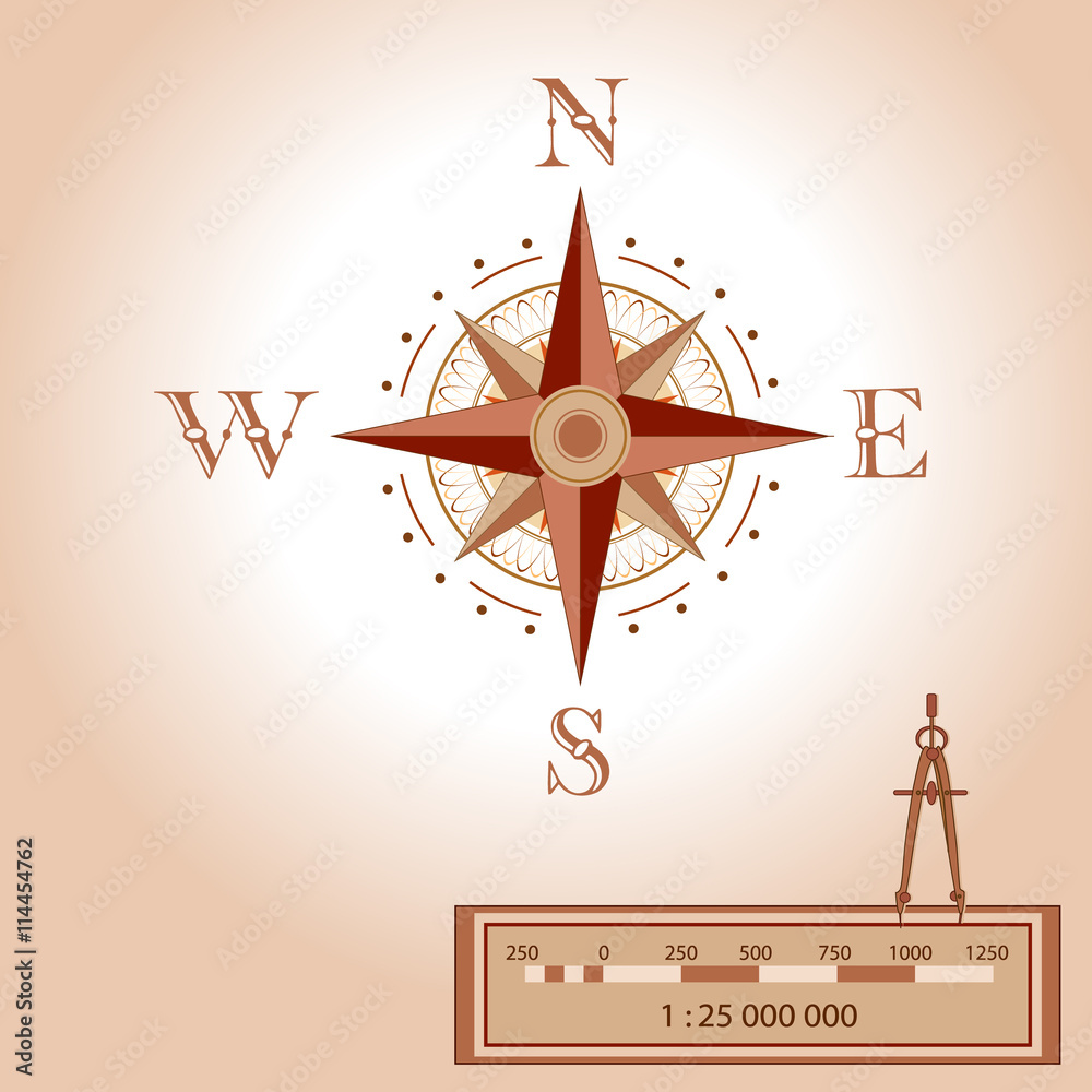 Wind rose illustration. Isolated vector. Element of an ancient or old style map decoration. Wind ...