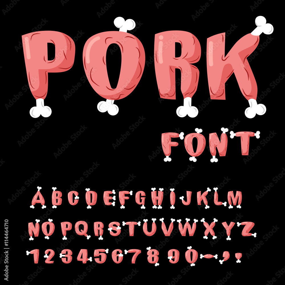 Pork Font Beef Alphabet Meat On Bones Of Lettering Ham Abc Stock