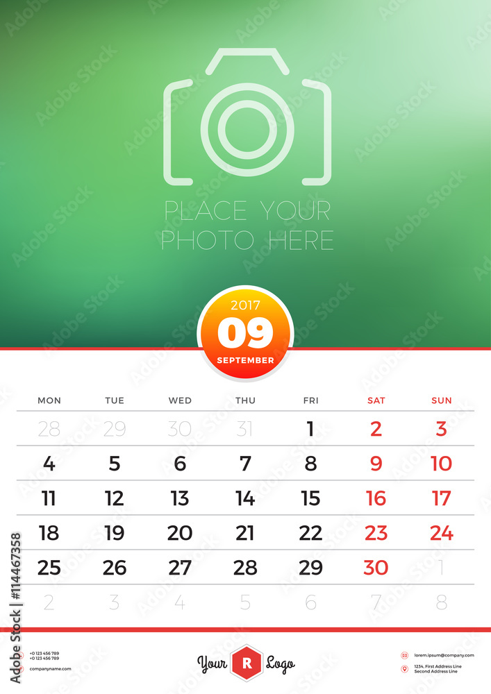 Wall Calendar Template for 2017 Year. September. Vector Design Template ...