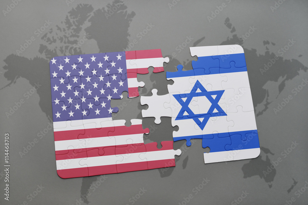 puzzle with the national flag of united states of america and israel on ...