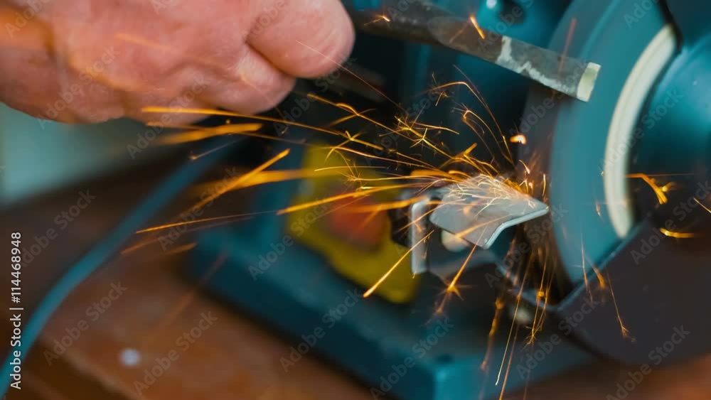 Grinding of wedge, grinding wheel is rotating, orange sparks are flying ...
