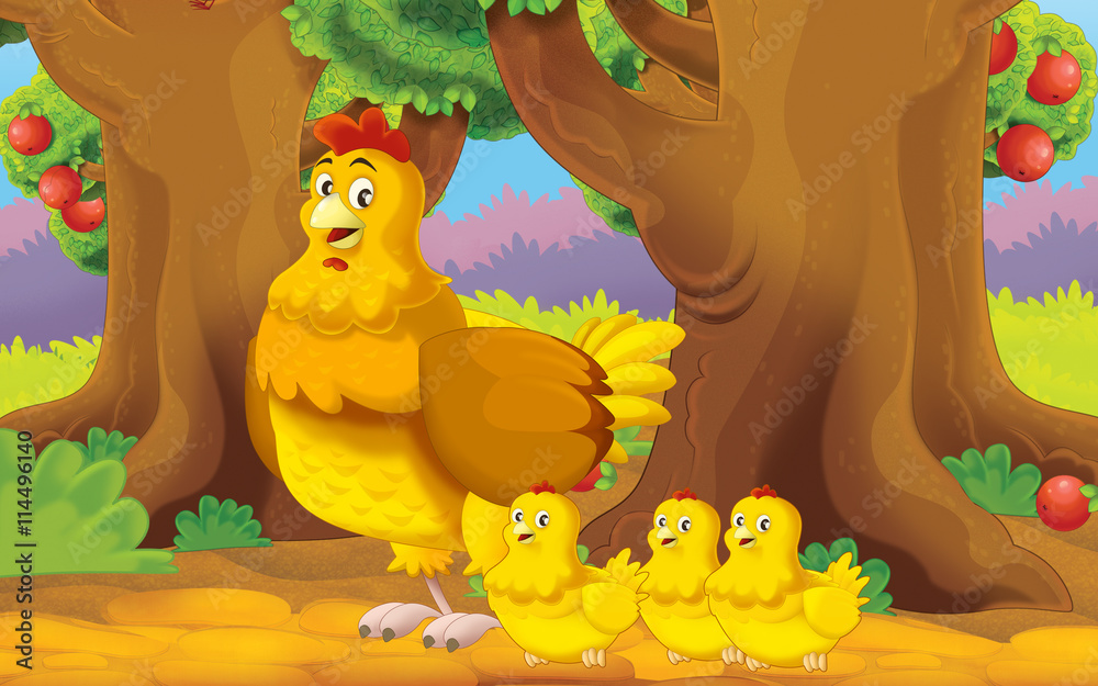 Cartoon farm scene with animal - hen with chickens - family ...