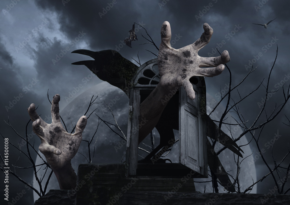 Spooky hand, crow, bat, bird, dead tree and vintage window over Stock ...
