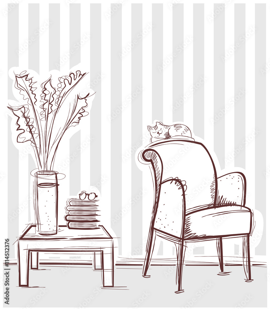 Reading room interior with table and books.Vector hand drawing i Stock ...