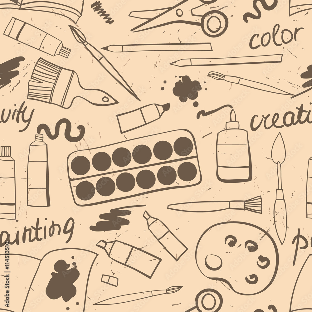 Seamless texture with art materials. Doodle art material background ...