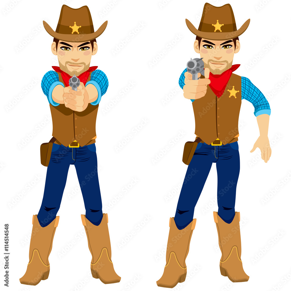 Young cowboy on two poses aiming revolver holding gun with both hands ...