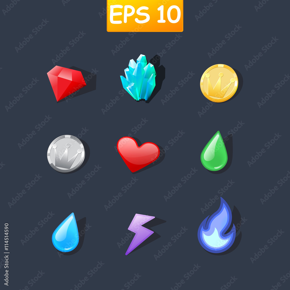Cartoon icons for game user interface. Vector set of game resources ...